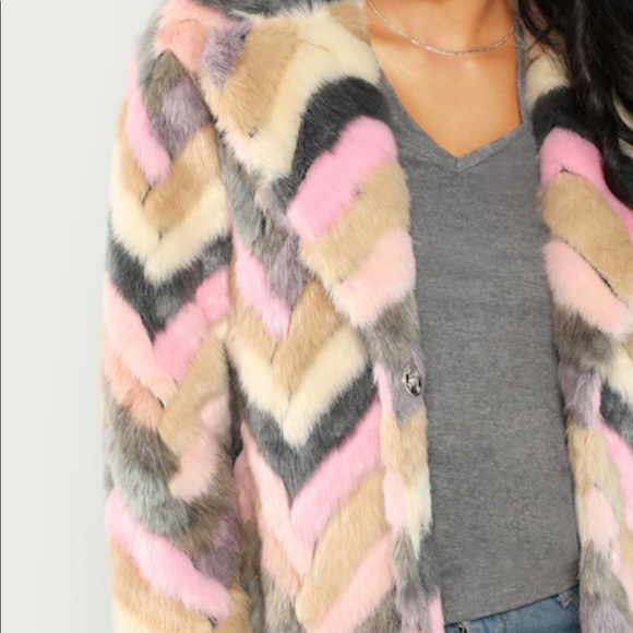 AmourOC | Jackets & Coats | Chevron Pattern Faux Fur Coat Jacket | Poshmark